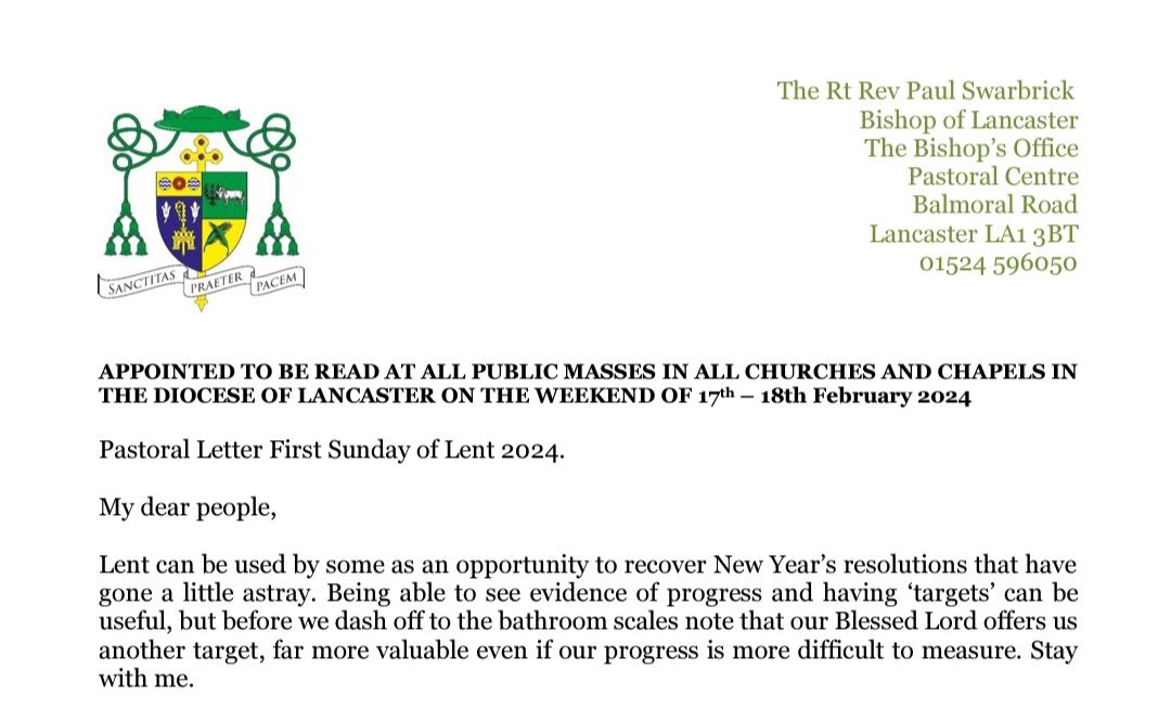 Pastoral letter from Bishop Paul Swarbrick for the First Sunday of Lent ...